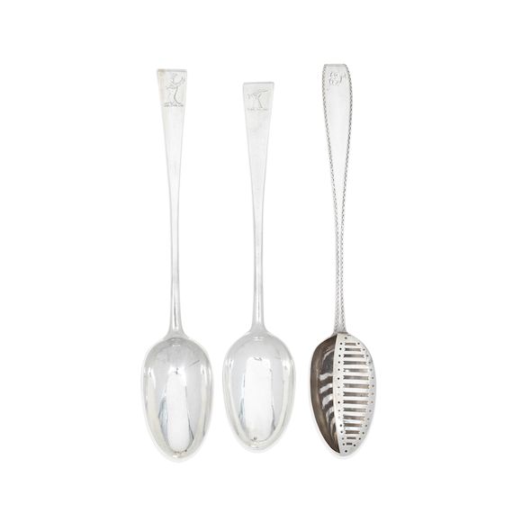 Bonhams : Three George III Irish silver hook end serving spoons bottom ...