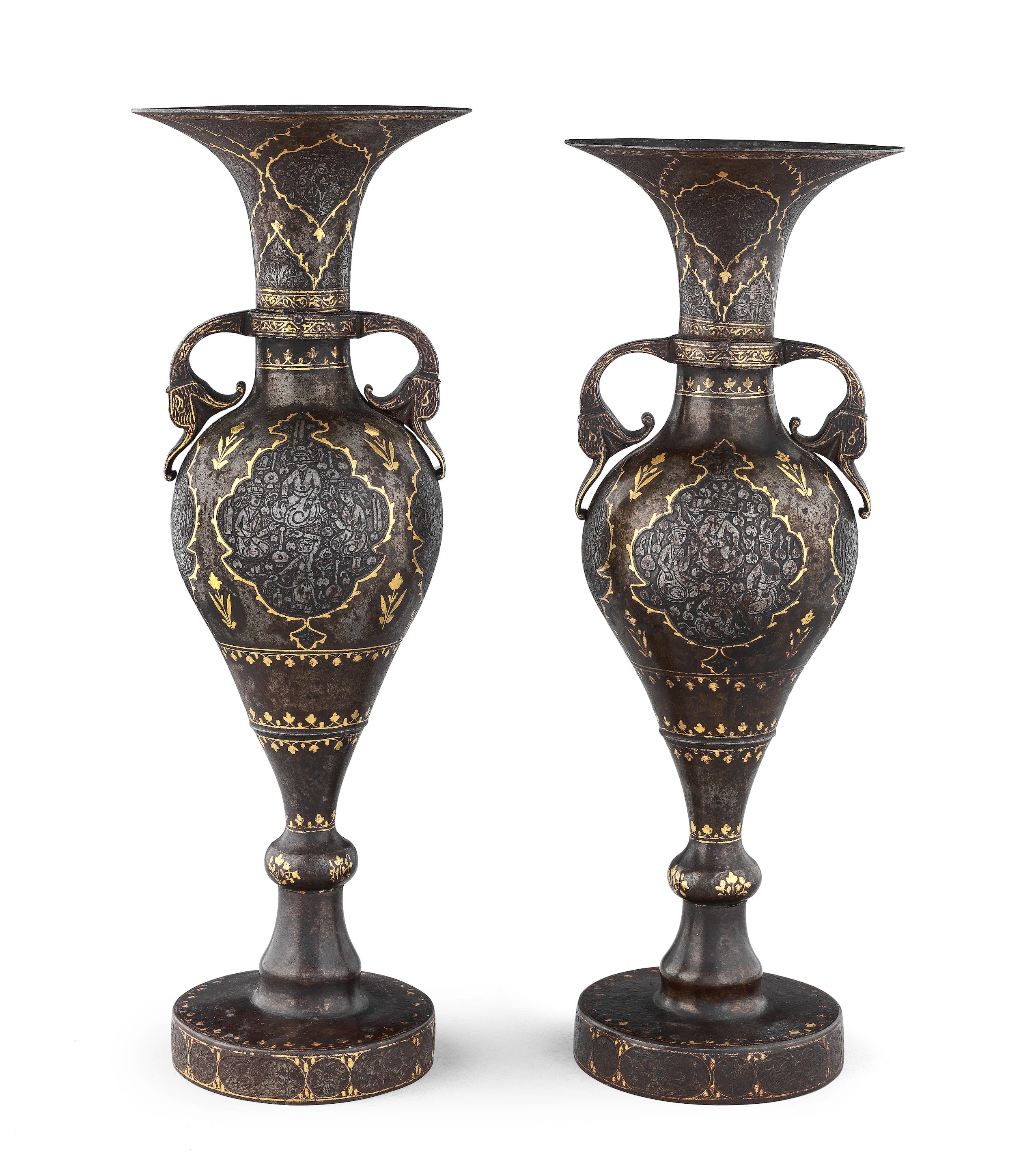 Bonhams : A pair of Qajar gold-damascened steel vases Persia, 19th ...