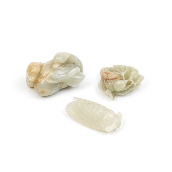 Bonhams : TWO WHITE JADE 'BIRD' GROUPS AND A CARVING OF A CICADA Late ...