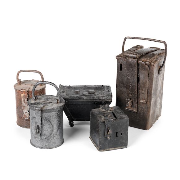 Bonhams : A collection of five iron money boxes and collection boxes ...
