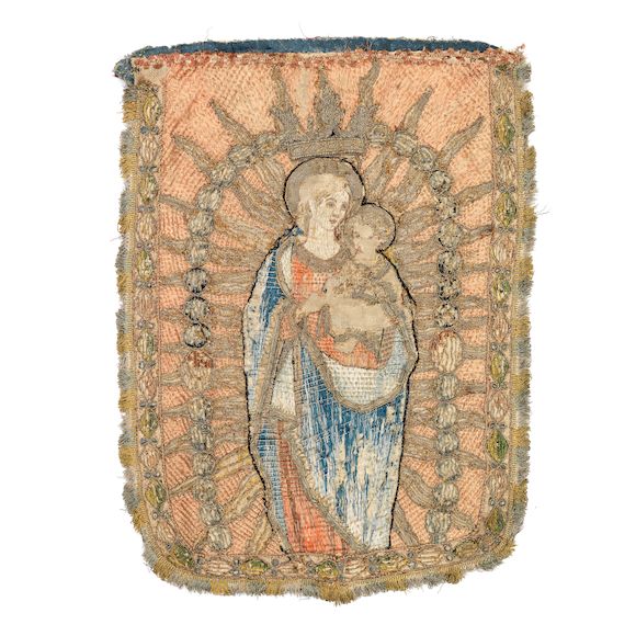 Bonhams : A 16th century banner applied with figures of the virgin and ...