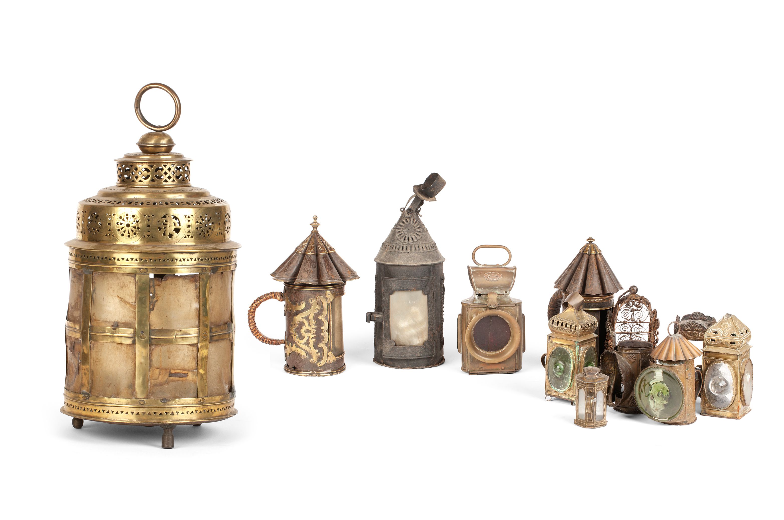 Bonhams : A brass ceiling lantern and a collection of hand held lamps ...