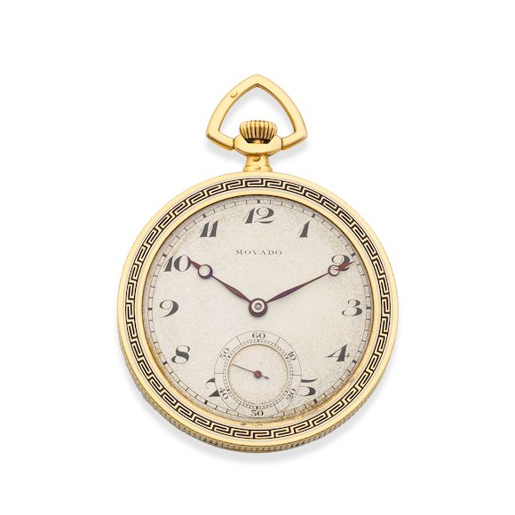 Bonhams : Movado. An 18K gold and enamel keyless wind open face pocket ...