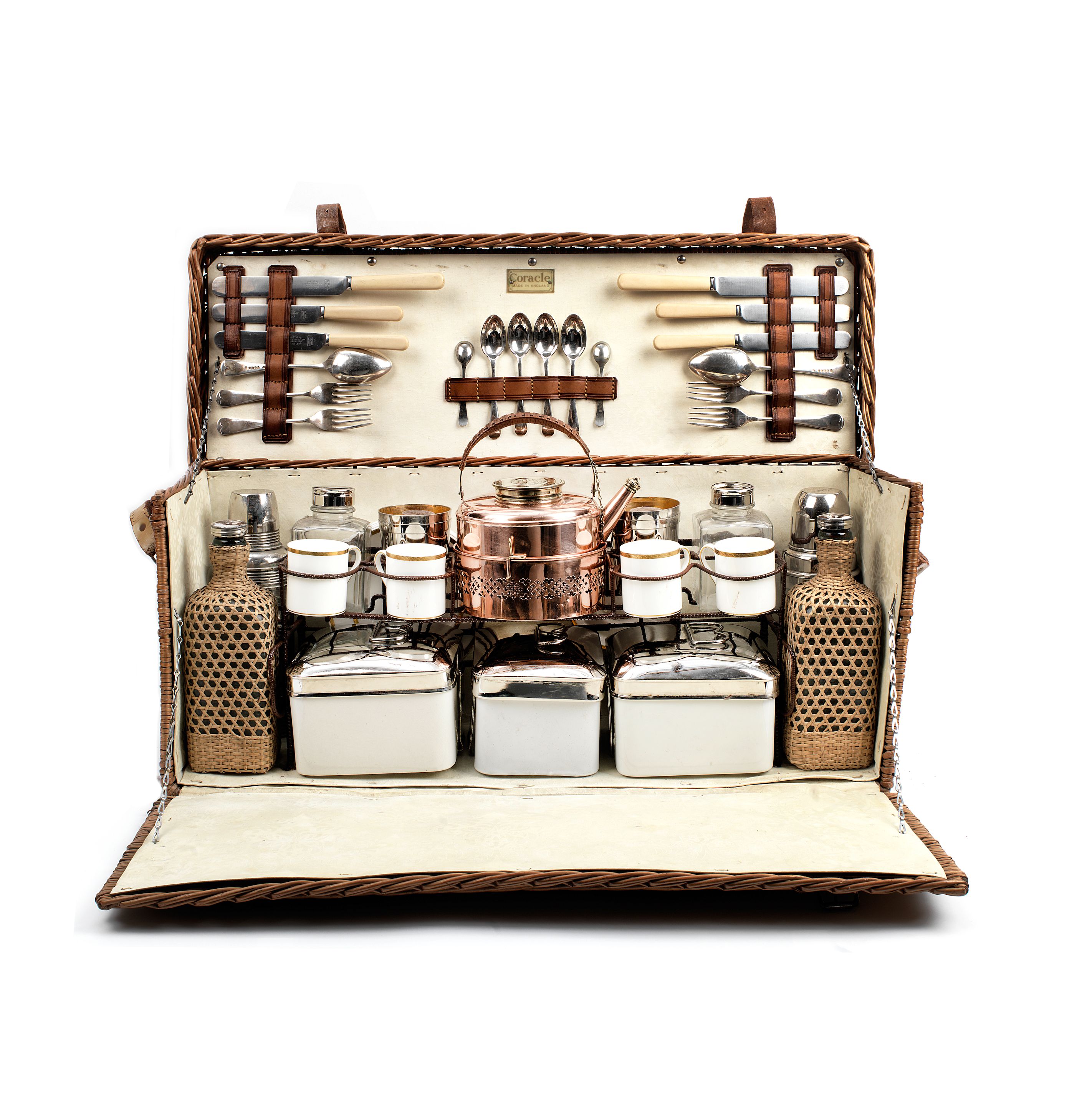 Bonhams Cars : A 'Coracle' wicker-cased picnic set for four persons by ...