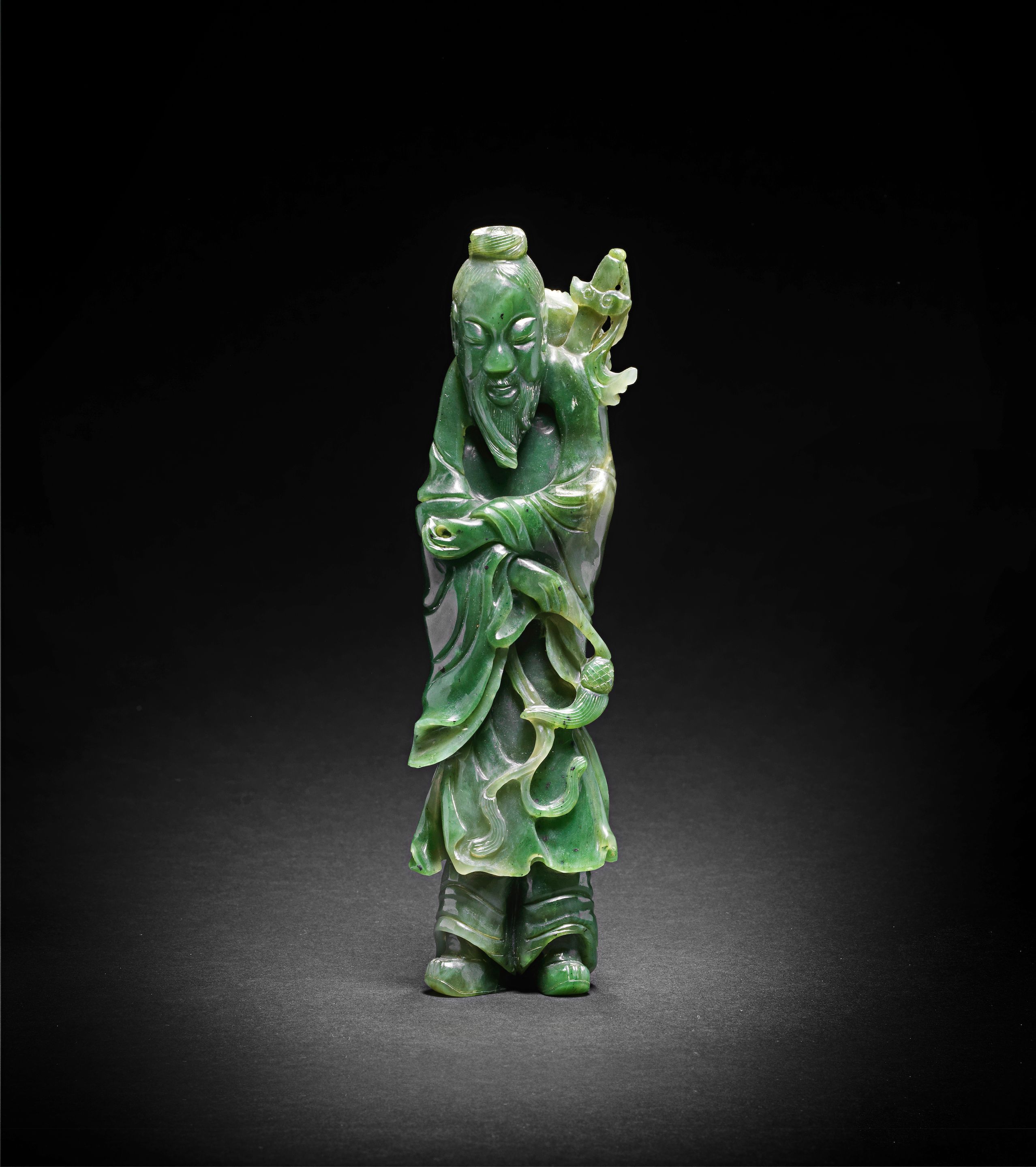 Bonhams : A SPINACH-GREEN JADE FIGURE OF LÜ DONGBIN Late Qing Dynasty (2)