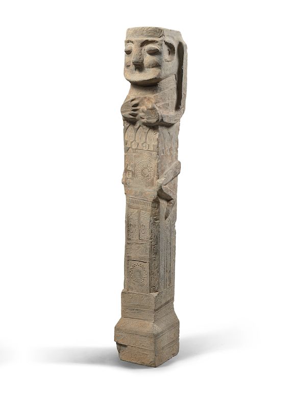 Bonhams : A VERY LARGE RARE GREY STONEWARE HUMAN-HEADED PILLAR Han Dynasty
