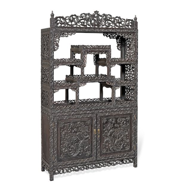 Bonhams : A RARE HONGMU TWO-PART 'ARMORIAL CRESTED' DISPLAY CABINET ...