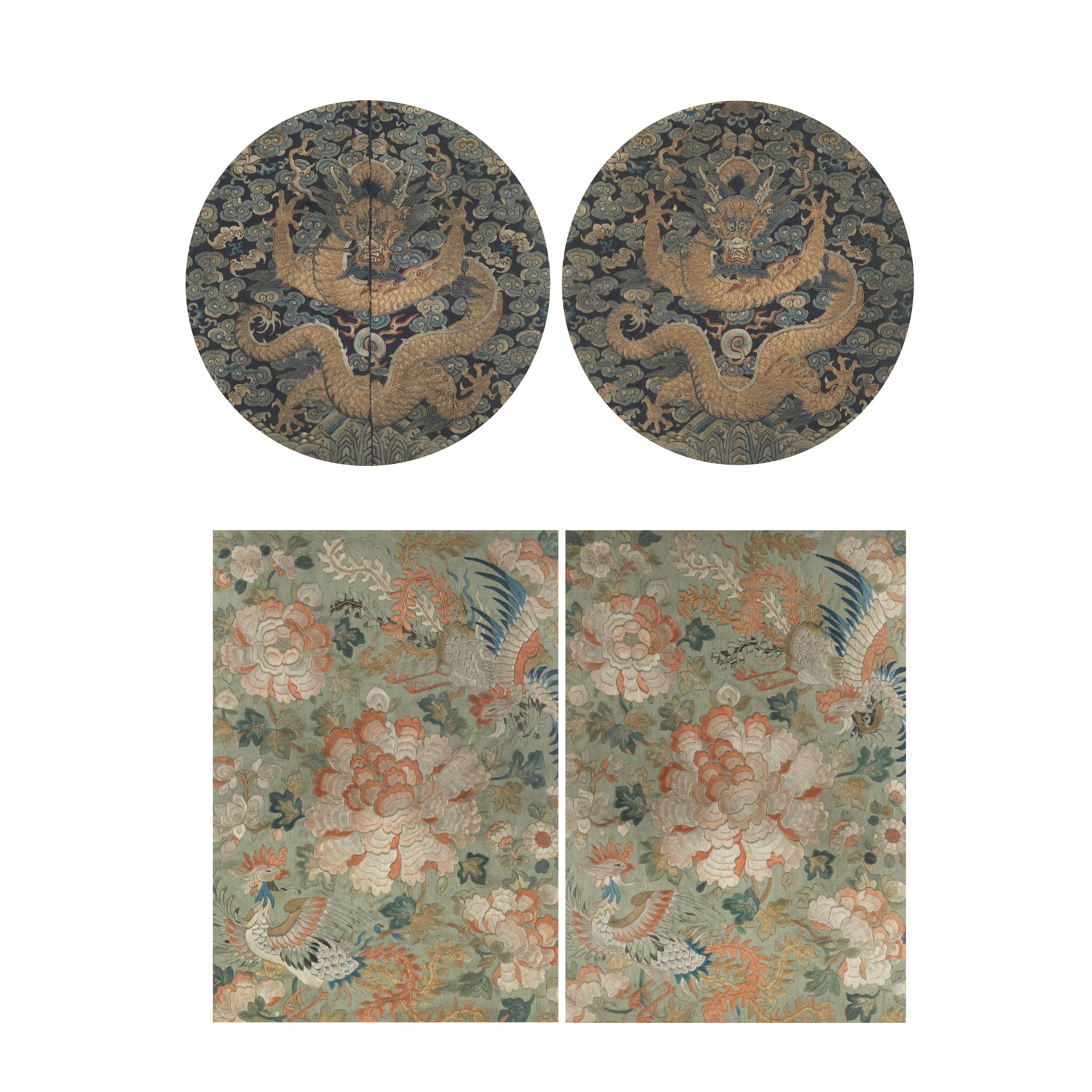 Bonhams : A PAIR OF CIRCULAR 'DRAGON' SILK ROUNDELS AND A PAIR OF ...