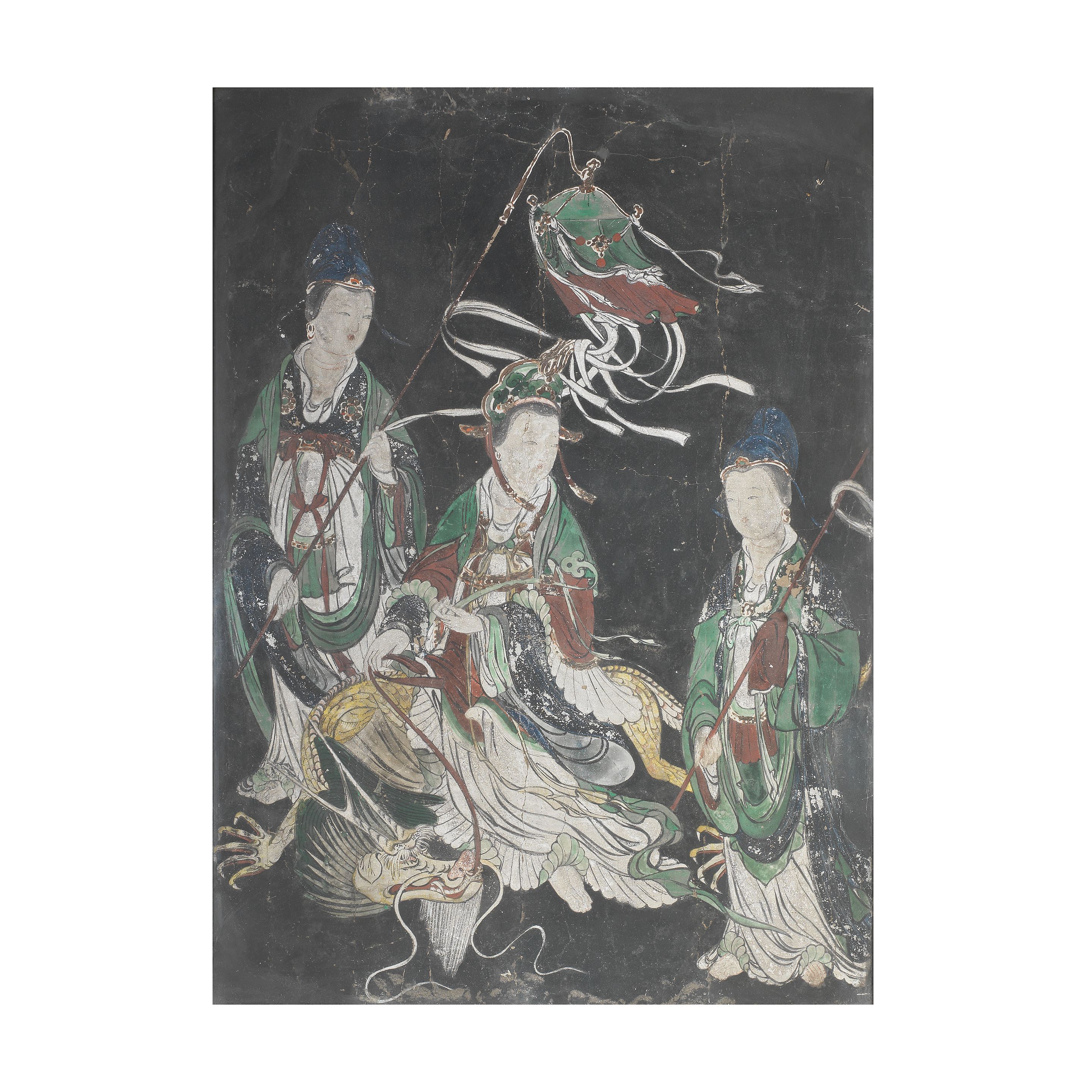 Bonhams : A FRESCO PANEL WITH FEMALE DEITIES Ming Dynasty