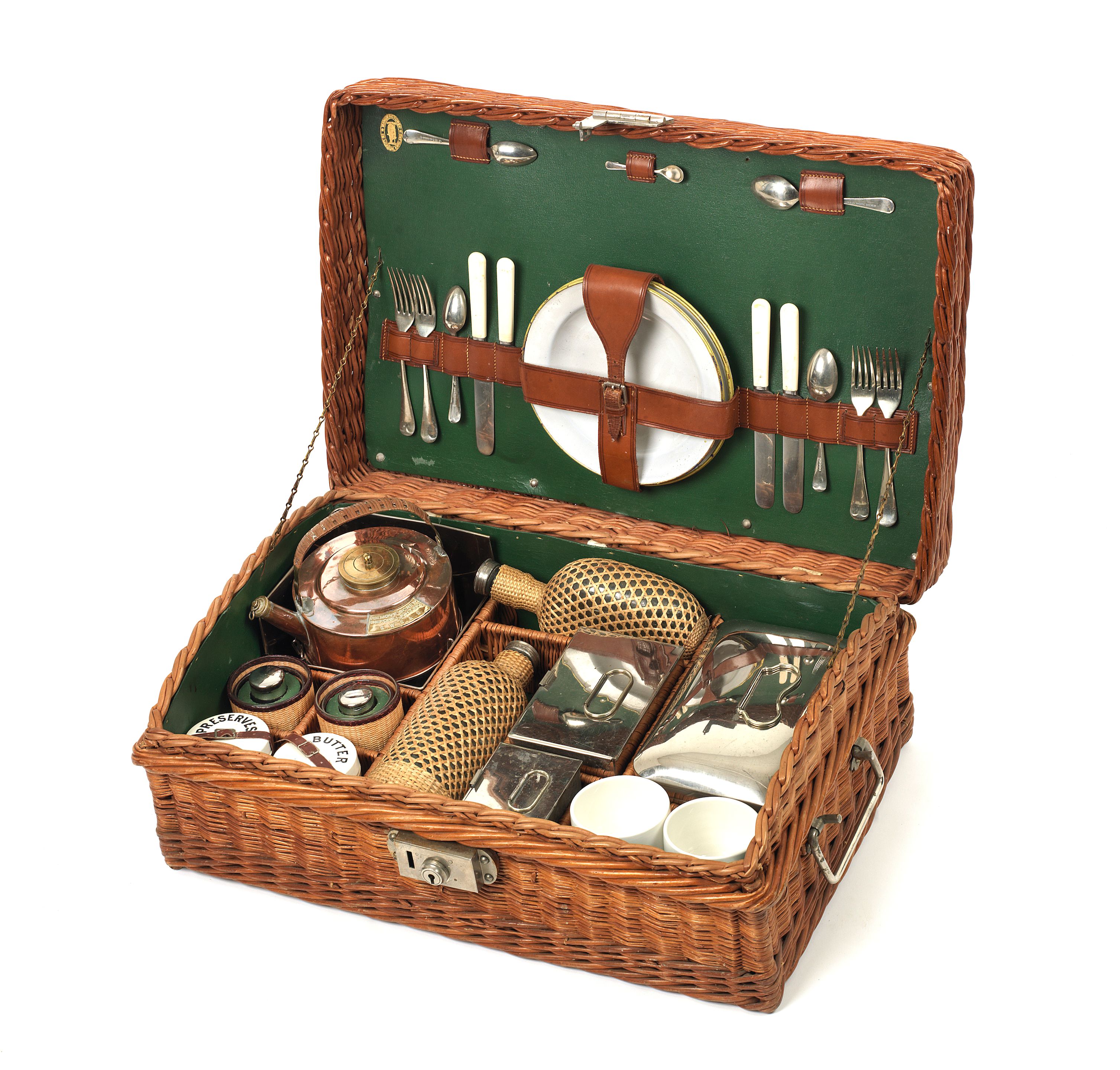 Bonhams Cars : A wicker-cased 'Coracle' picnic set for four persons, by ...