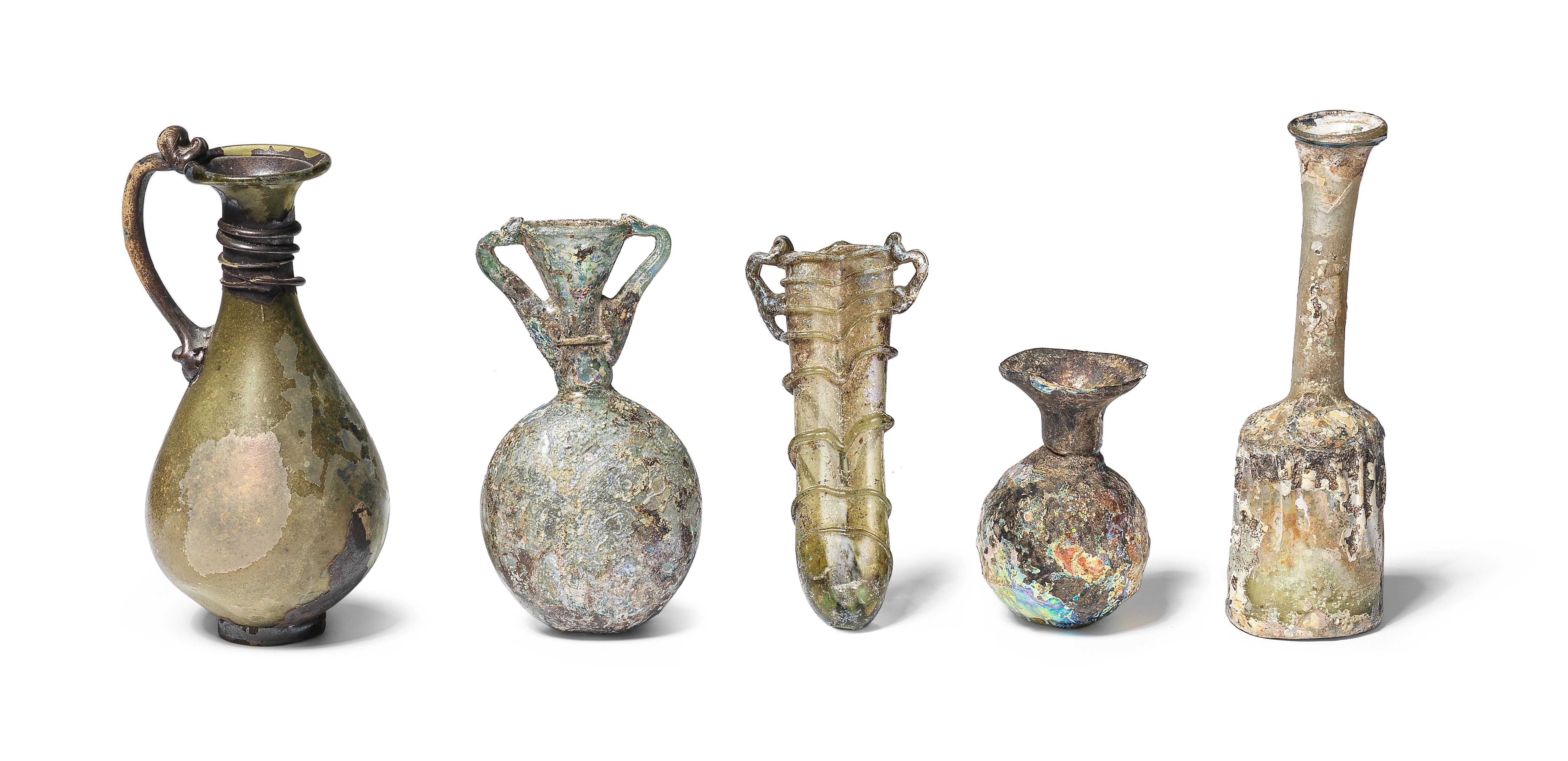 Bonhams : Four Roman glass vessels and a glass flask, 5