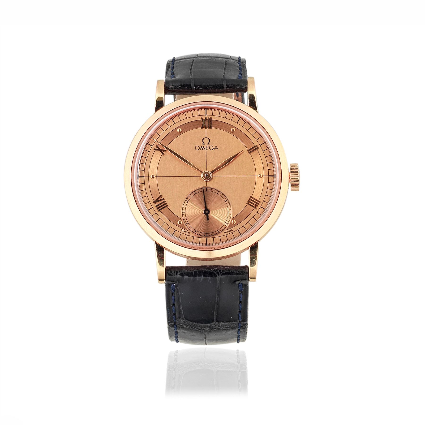 Bonhams : Omega. An 18K rose gold manual wind wristwatch with sector ...