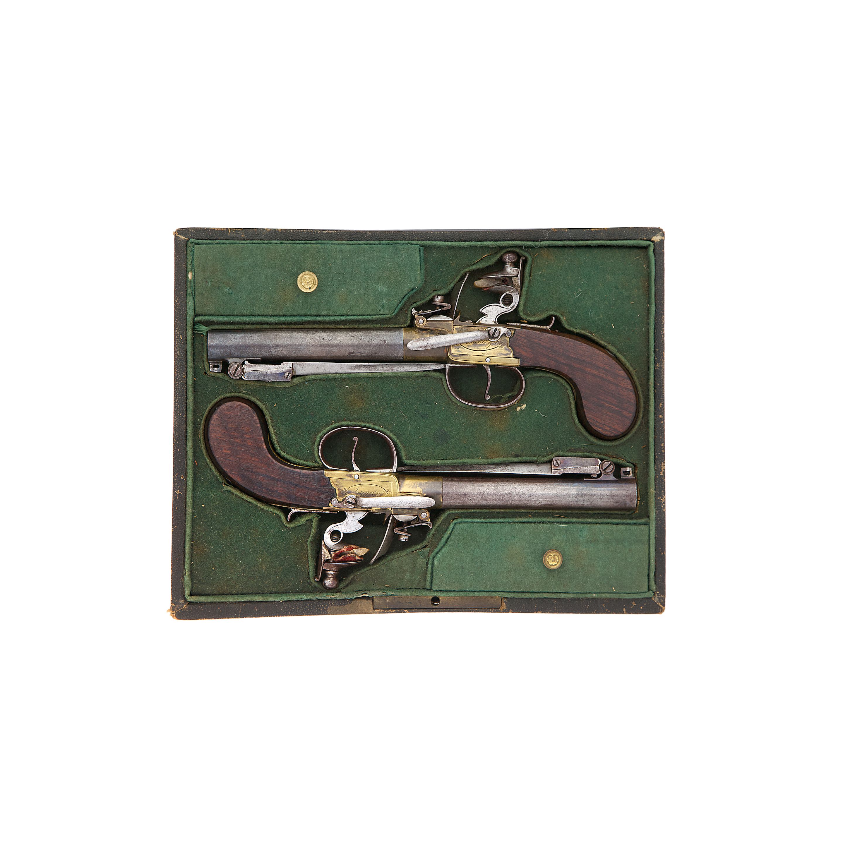 A Cased Pair Of 50-Bore Flintlock Box-Lock Pistols With Spring Bayonets ...