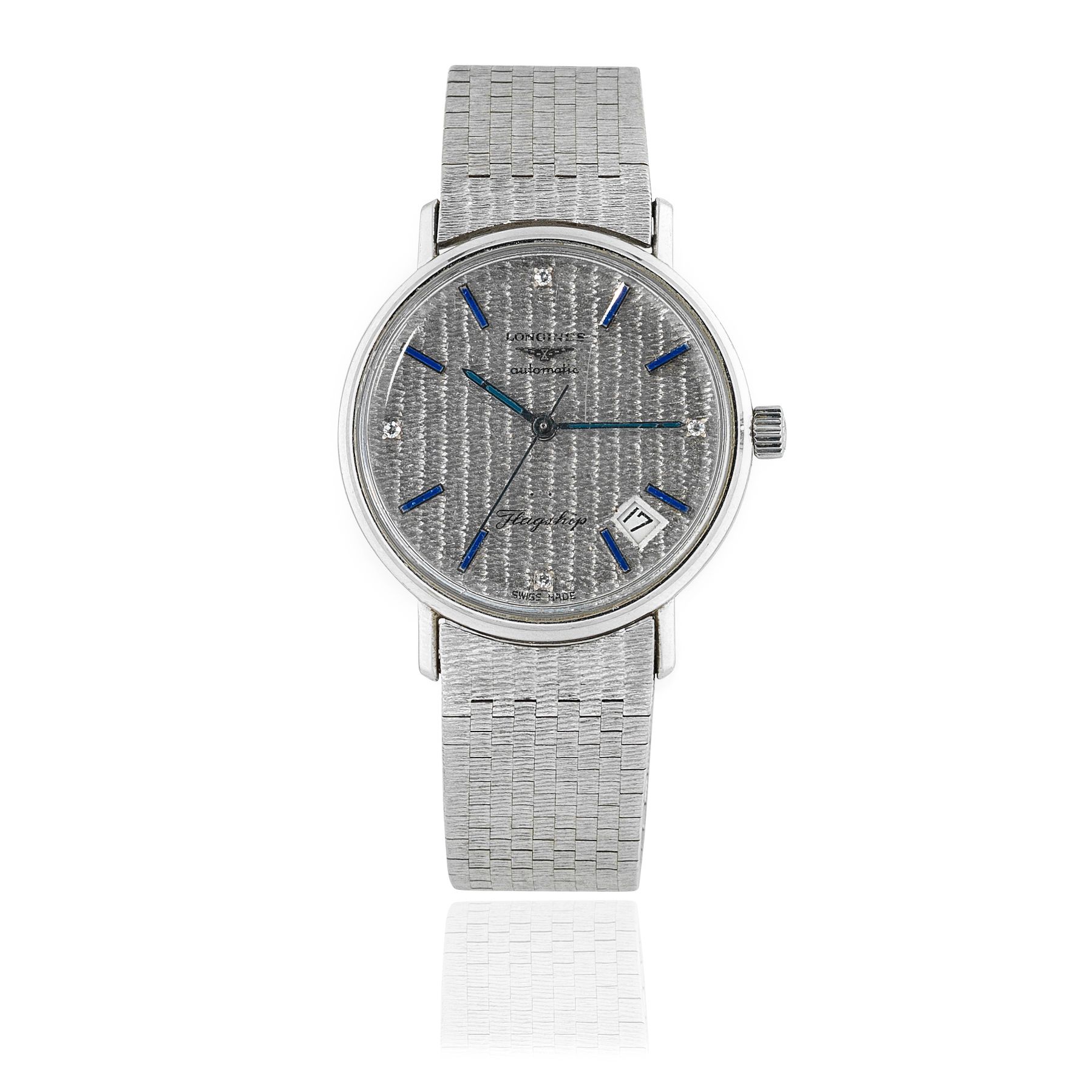 Bonhams : Longines. An 18K white gold automatic calendar bracelet watch ...