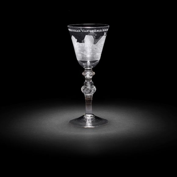 Bonhams : A rare Dutch engraved light baluster wine glass, circa 1750