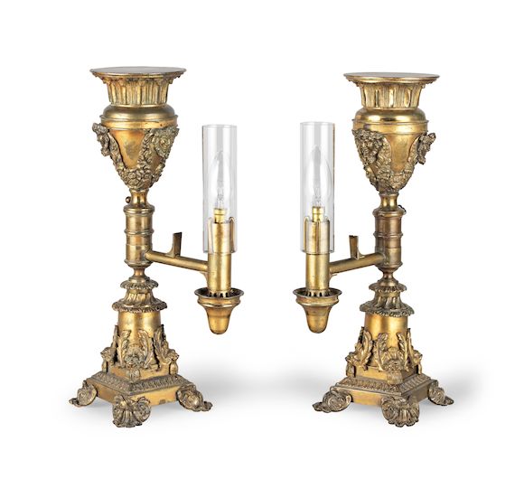 Bonhams : A pair of George IV gilt bronze colza oil lamps 19th century (2)