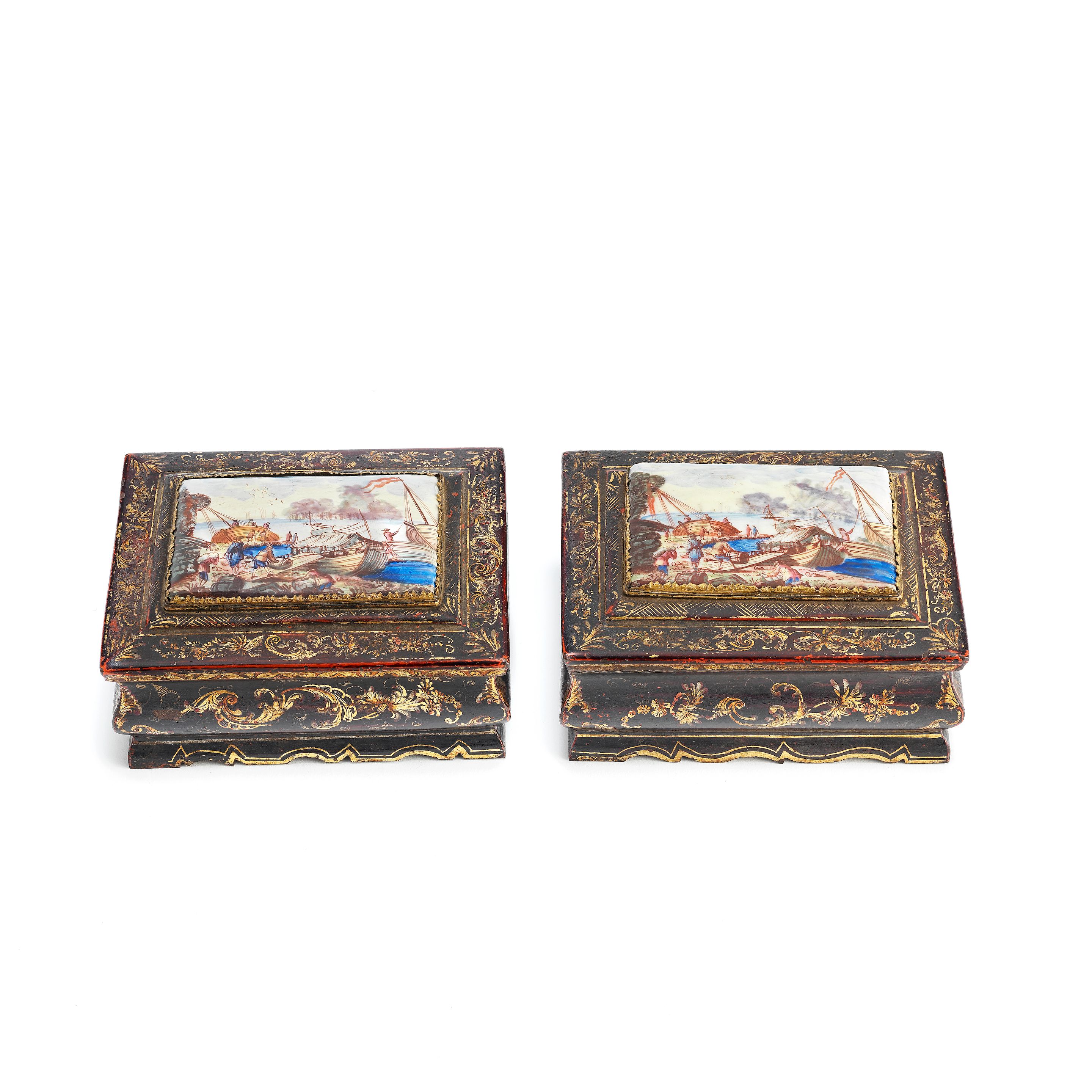 Bonhams : A pair of rare tinplate caskets and covers mounted with ...