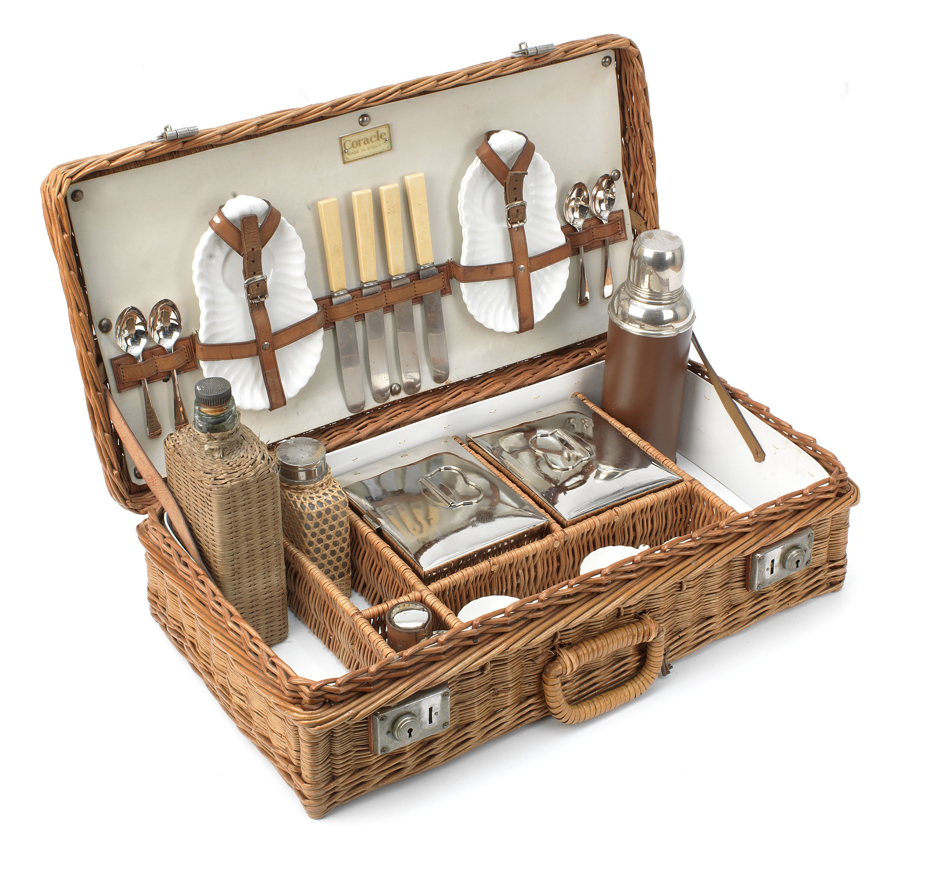 Bonhams Cars : A wicker-cased 'Coracle' picnic set for four persons by ...