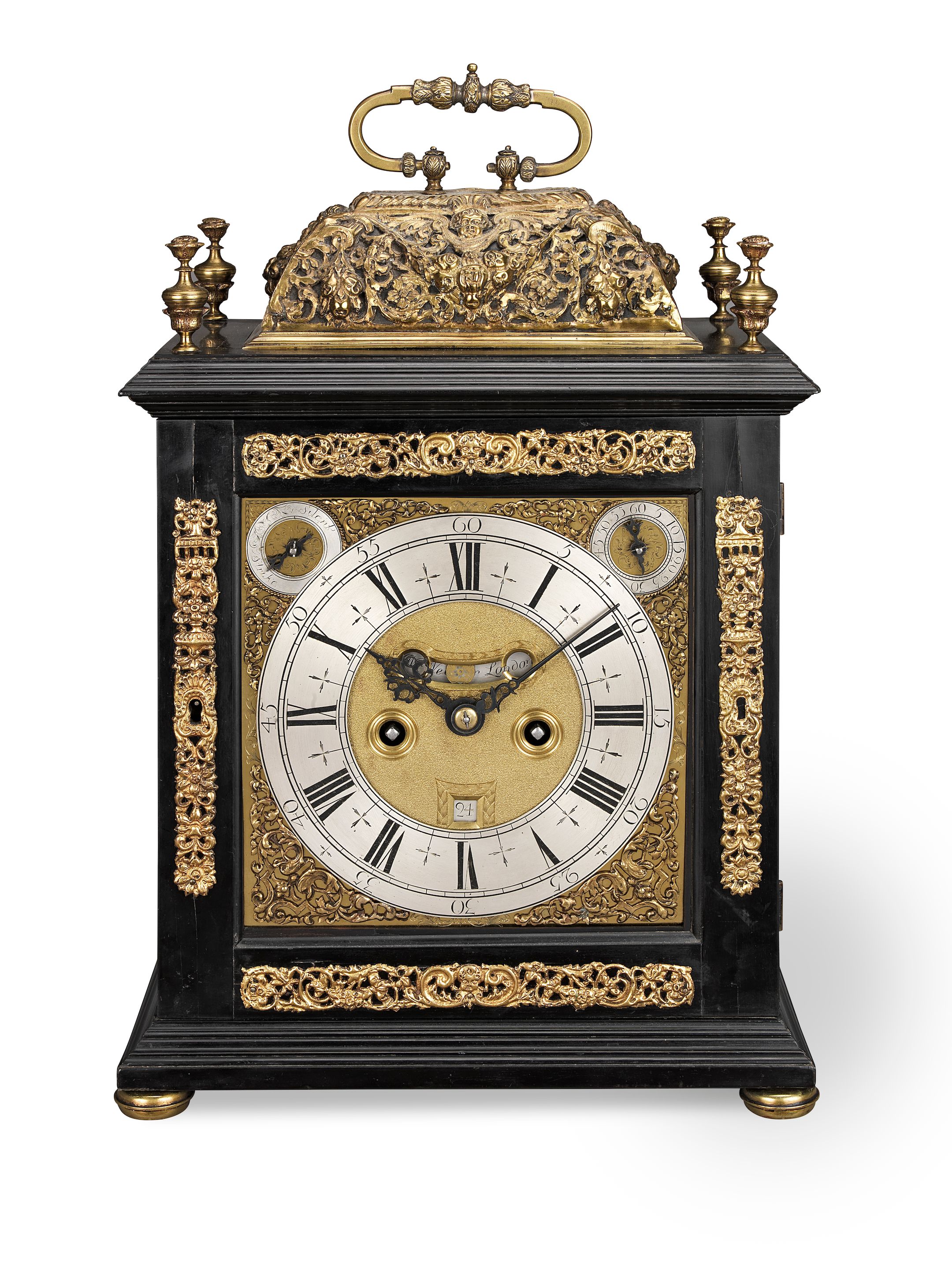Bonhams : A late 17th century ebony basket top table clock with twin ...