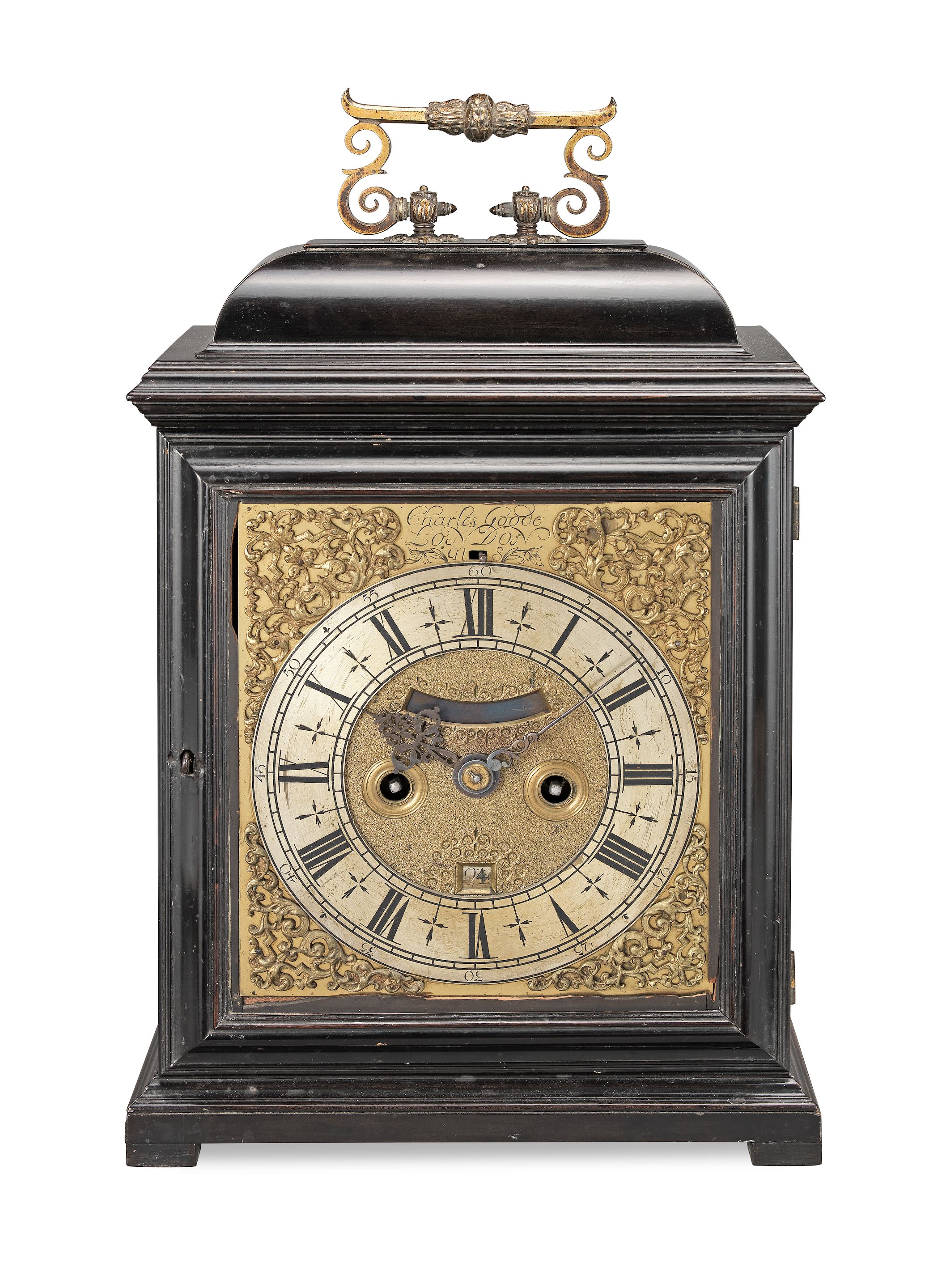 Bonhams : A rare early 18th century ebony table clock Charles Goode, London