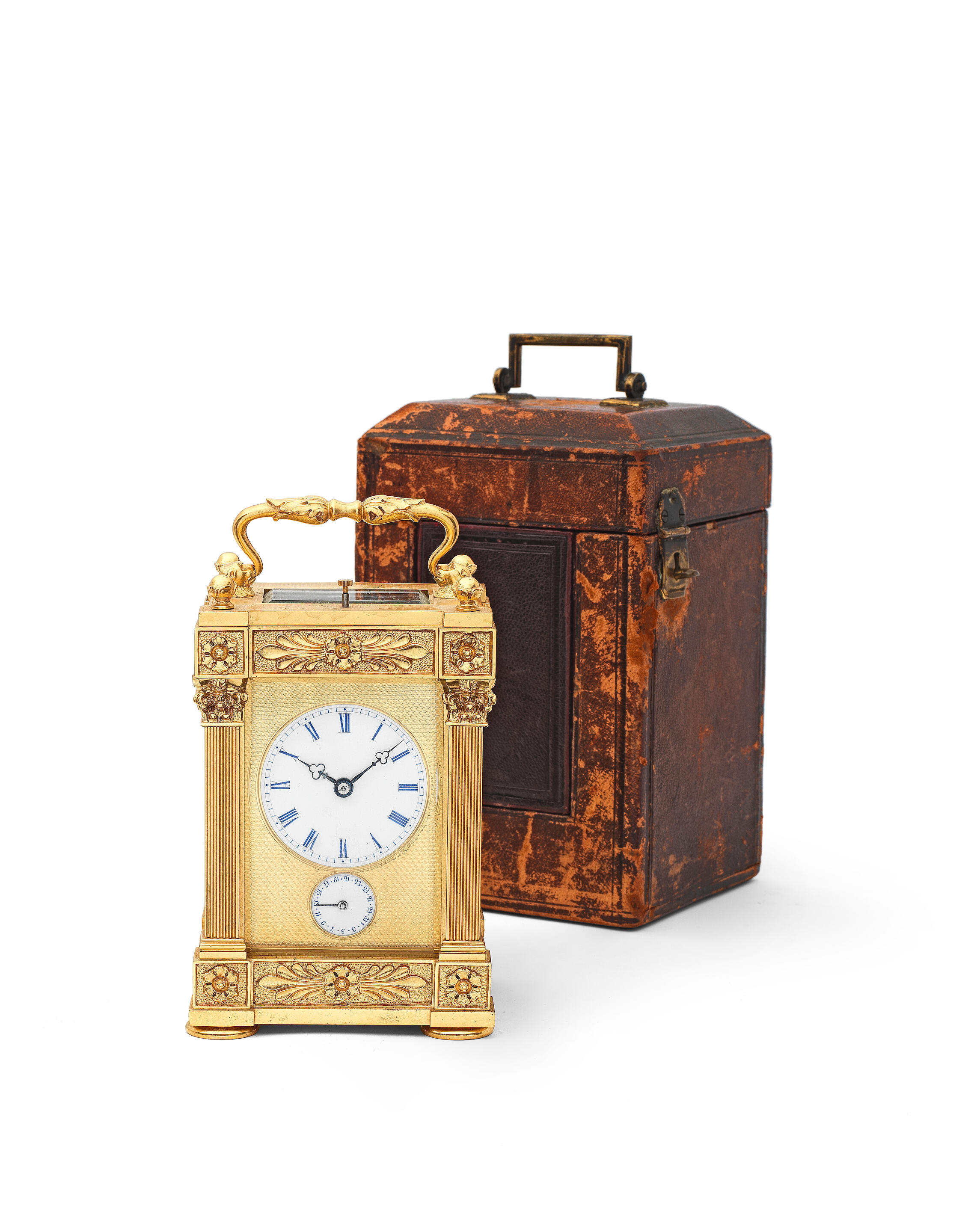 Bonhams : A fine 19th century French gilt brass carriage clock with calendar in the manner of ...