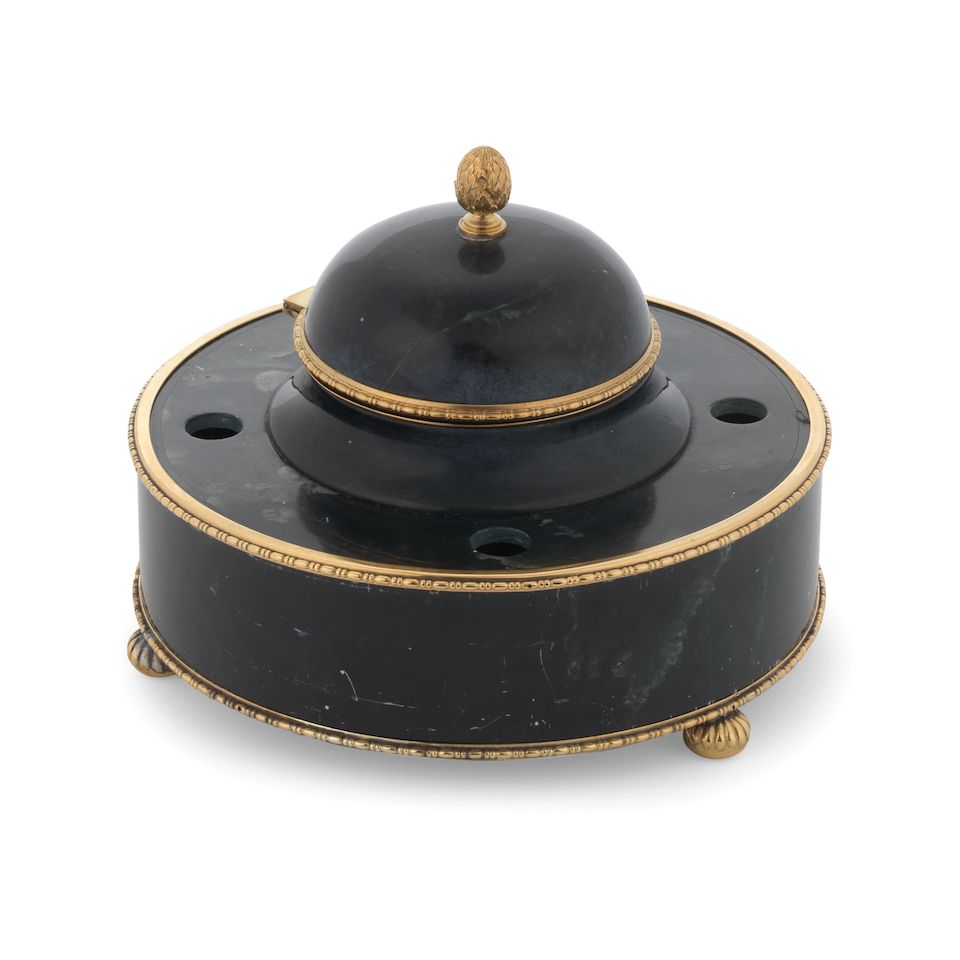 An Art Deco silver-gilt mounted nephrite jade inkwell maker 'WM' and ...