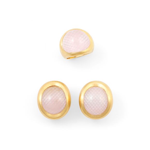 Bonhams : GRIMA: ROSE QUARTZ RING AND EARRING SUITE (2)