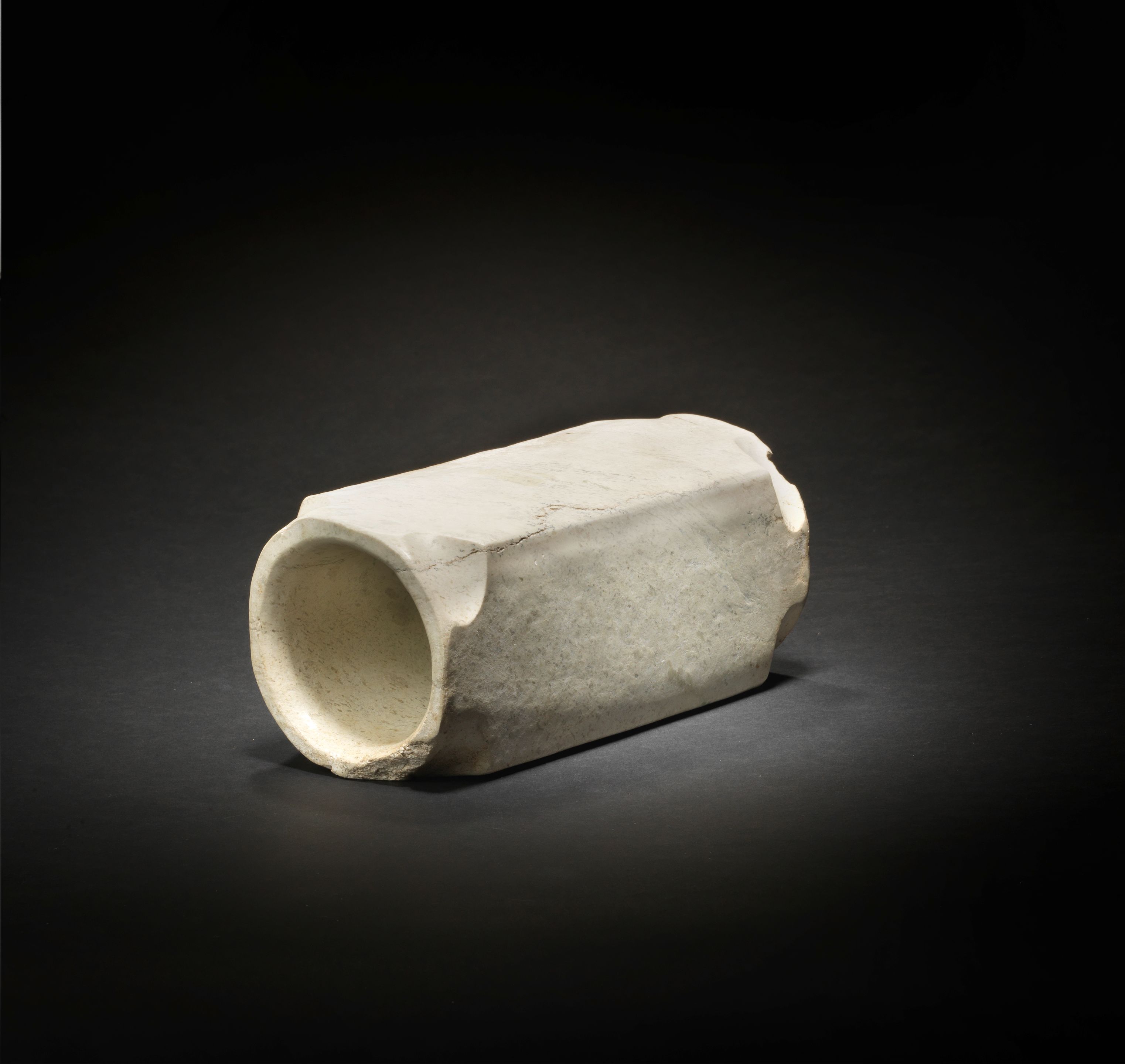 Bonhams : A CALCIFIED WHITE JADE CYLINDRICAL VESSEL, CONG Shang/early ...