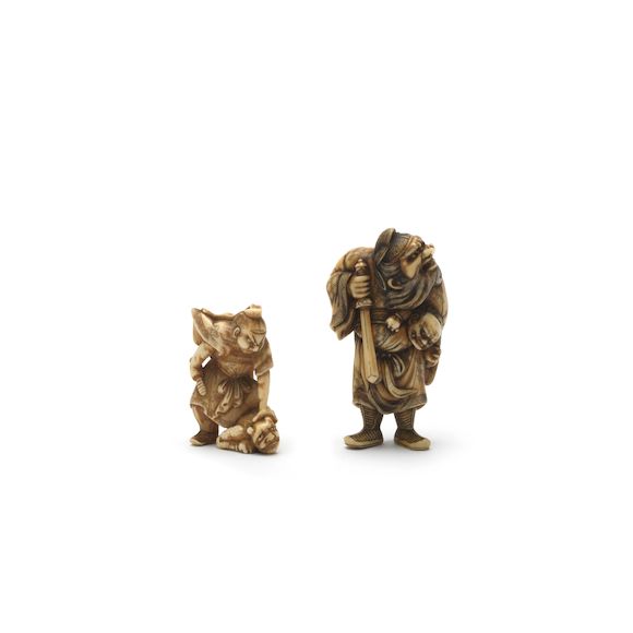 Bonhams : Two ivory netsuke of Shoki the Demon-queller and demons Edo ...