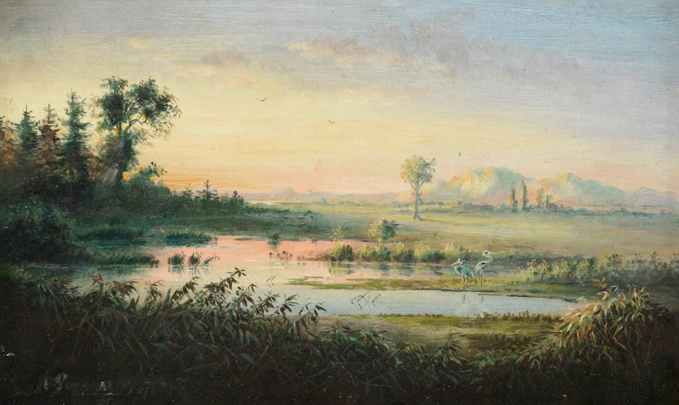 Anton Goering (German, 1836-1905) A Venezuelan wetland with herons ...