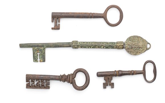 Bonhams : Four large 17th century and later iron keys (4)