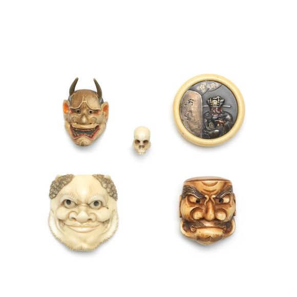 Bonhams : Four various netsuke and an ivory cord fastener One by Kono ...