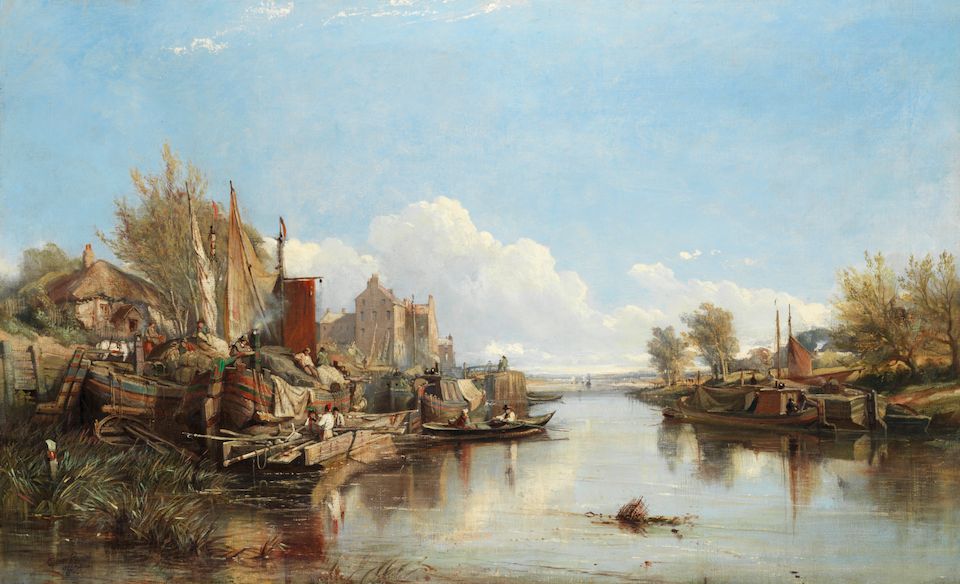 Samuel Bough RSA (British, 1822-1878) Loading river barges | Barnebys