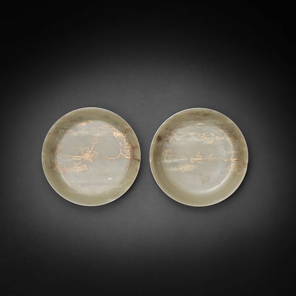 Bonhams : A PAIR OF PALE GREEN JADE PARCEL-GILT-LACQUERED SAUCER DISHES ...