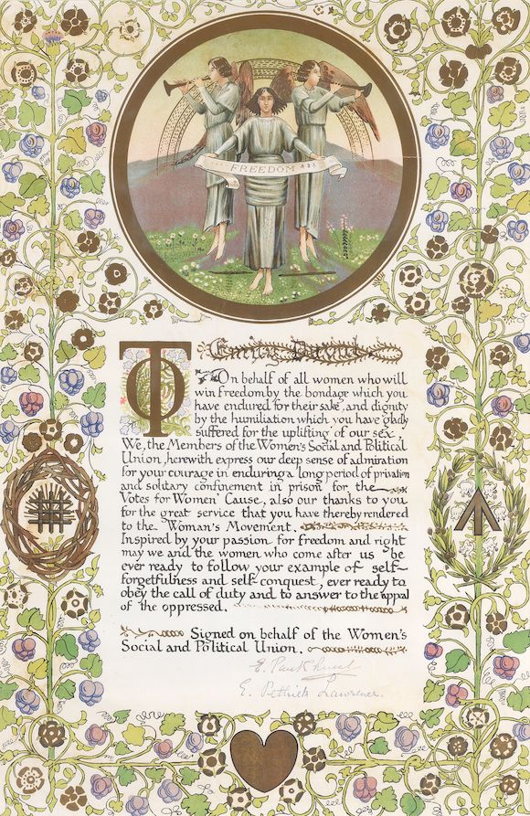 Bonhams : DUVAL (EMILY) Illuminated printed address signed by Emmeline ...