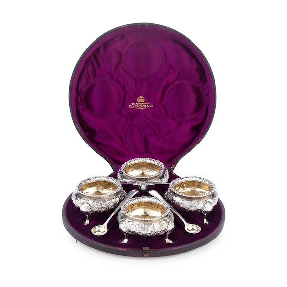 Bonhams : A cased set of George IV provincial silver cauldron salts ...