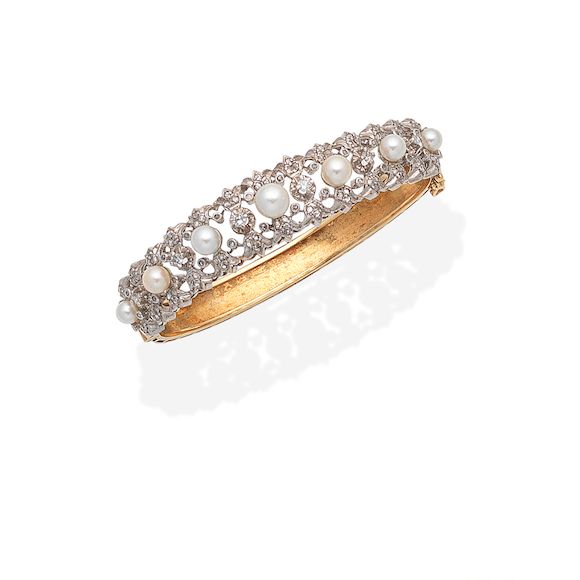 Bonhams : CULTURED PEARL AND DIAMOND BANGLE