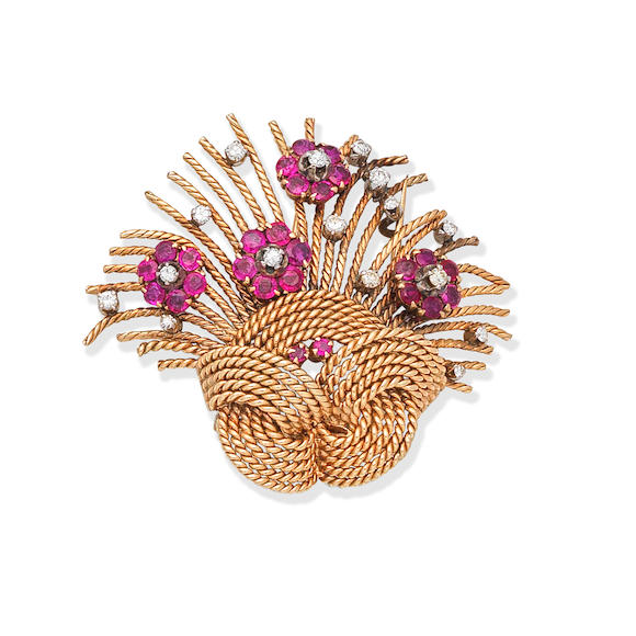 Bonhams Ruby And Diamond Set Spray Brooch Circa 1955