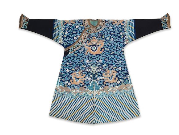 Bonhams : A RARE BLUE-GROUND EMBROIDERED SILK 'DRAGON' ROBE, JIFU Circa ...