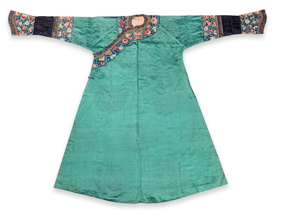 Bonhams : A TEAL-GROUND SILK DAMASK MANCHU NOBLEWOMAN'S INFORMAL ROBE ...
