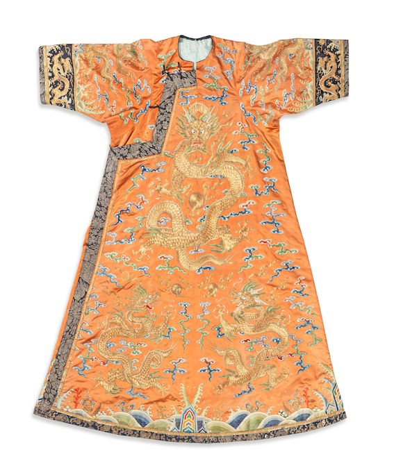 Bonhams : A RARE IMPERIAL APRICOT-GROUND EMBROIDERED SILK WOMAN'S COURT ...