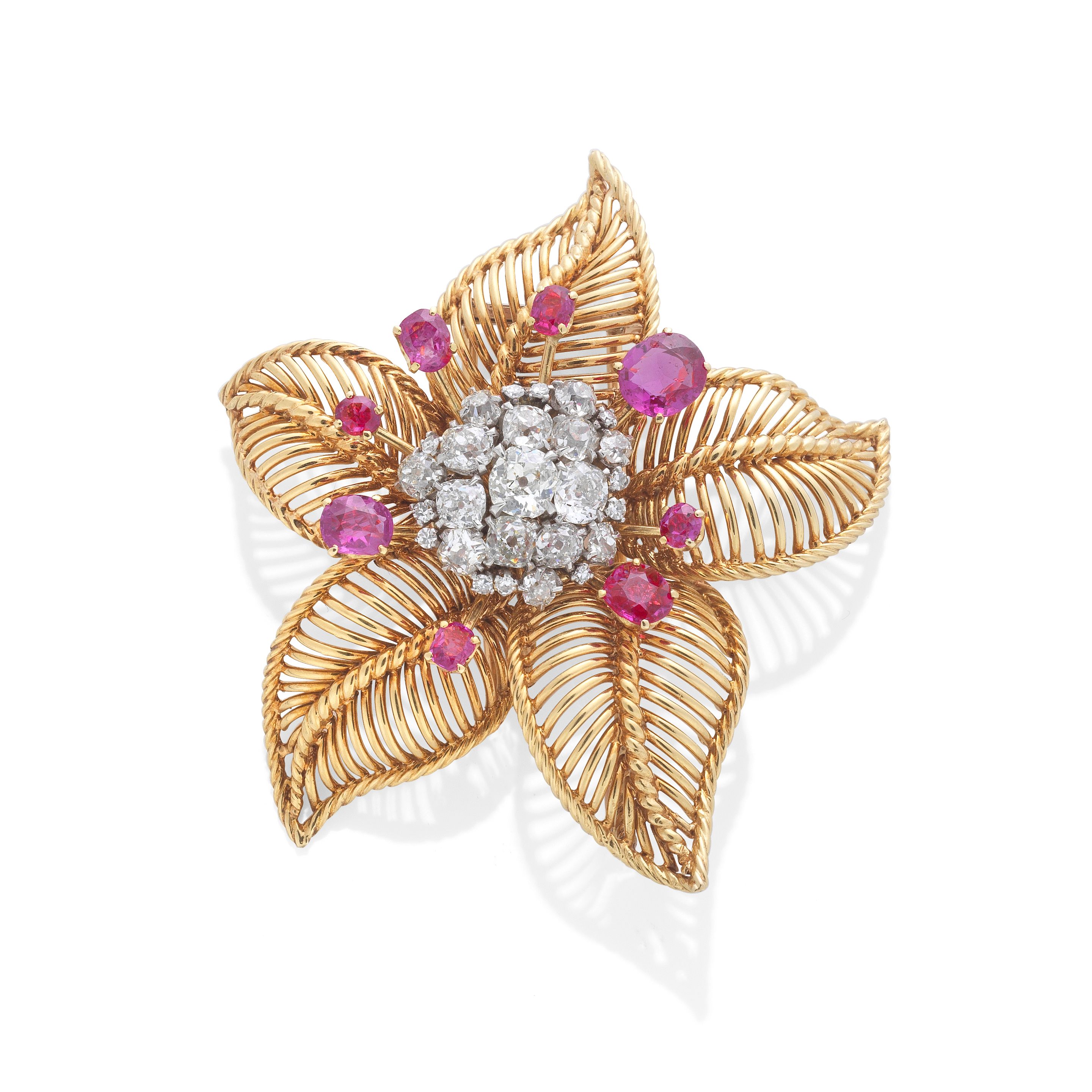 Bonhams : MICHAEL GOSSCHALK PINK SAPPHIRE AND DIAMOND FLOWER BROOCH ...