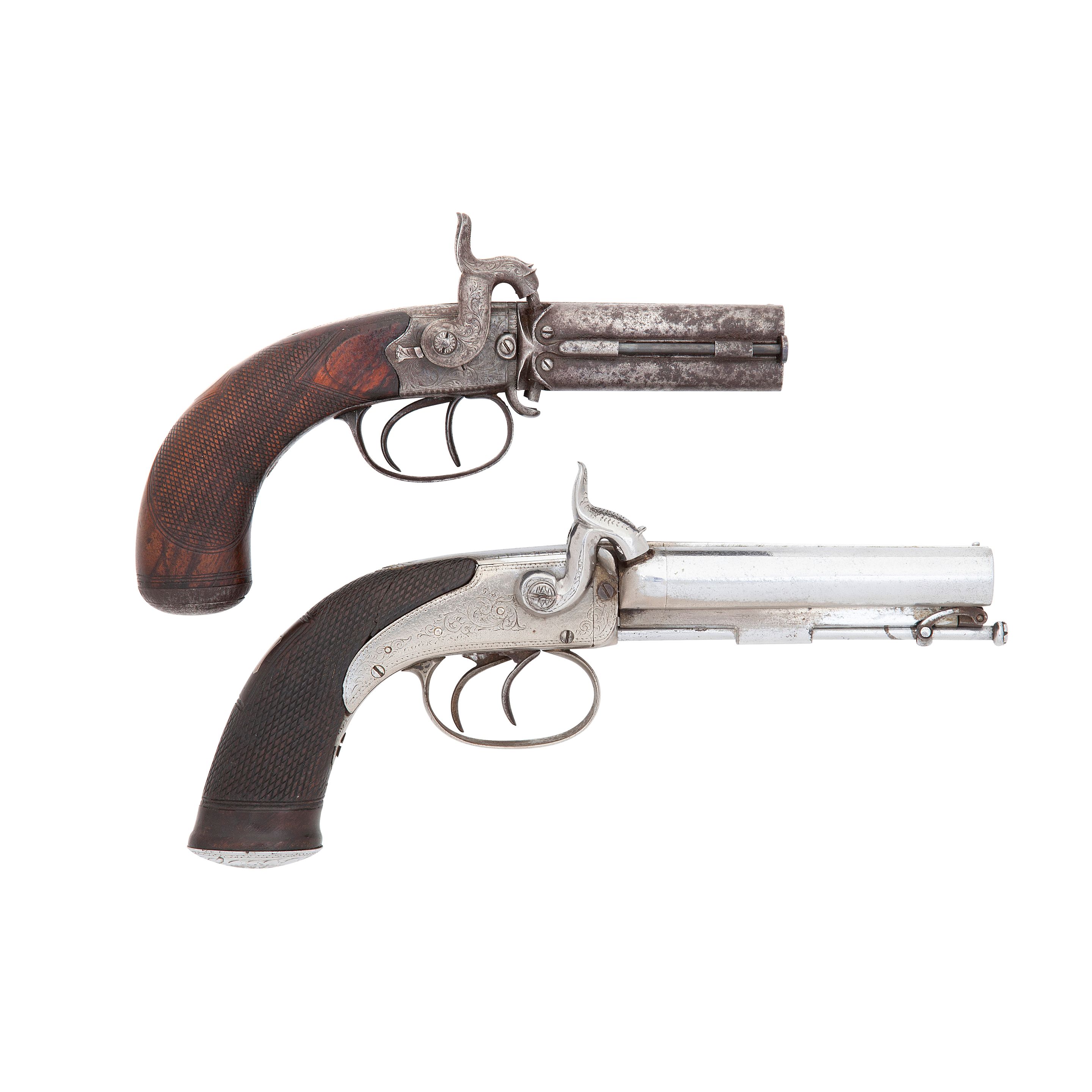 A 60-Bore Percussion Four-Barrel Box-Lock Turn-Over Pistol, And A Cased ...
