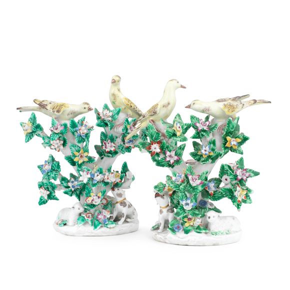 Bonhams : A pair of Bow models of birds in branches, circa 1765