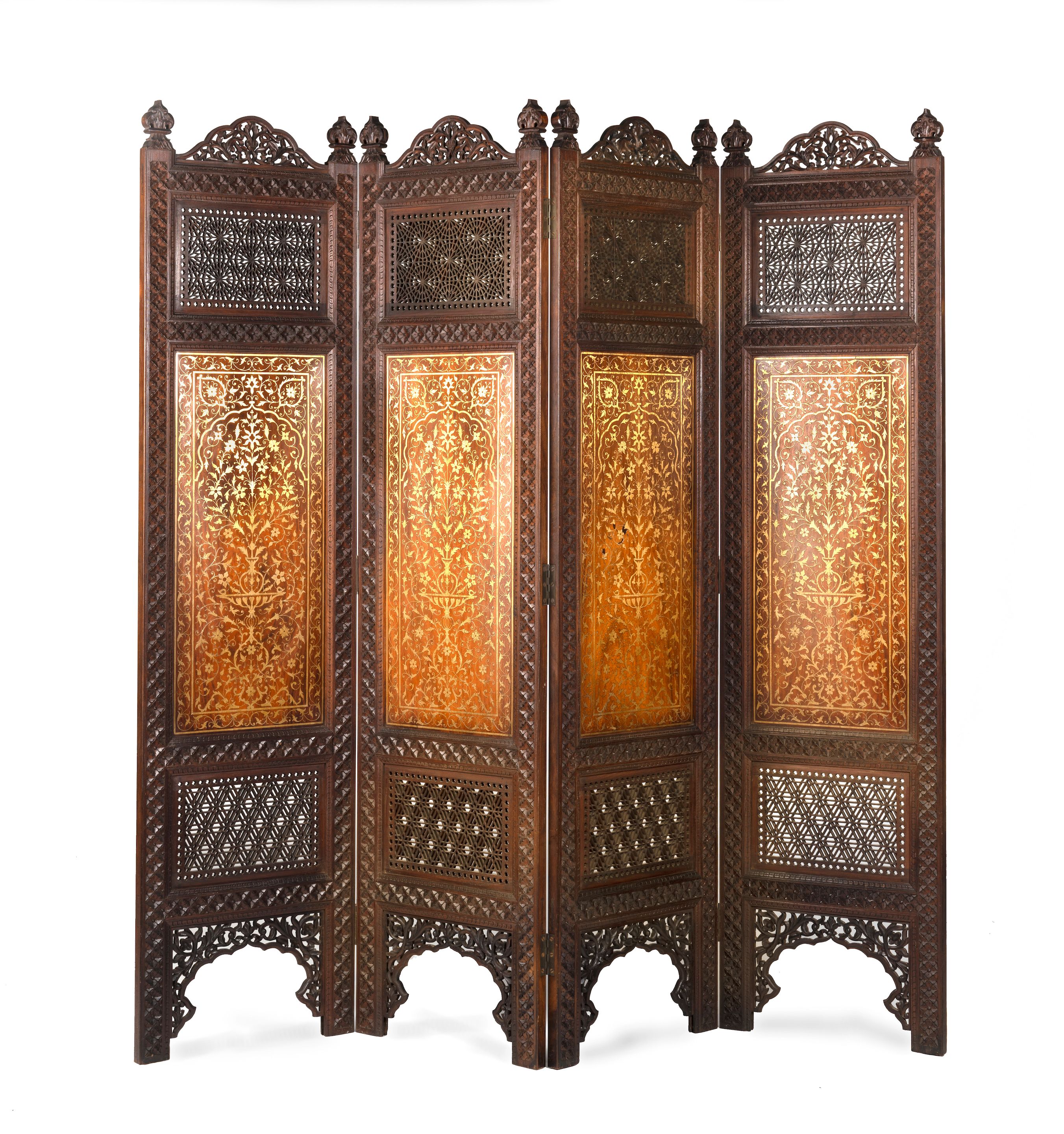 Bonhams : A brass-inlaid carved wood four-leaf screen Punjab, probably ...