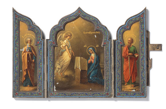 Bonhams : A RUSSIAN SILVER-GILT AND ENAMEL TRIPTYCH ICON Brothers Grachev firm, St. Petersburg ...