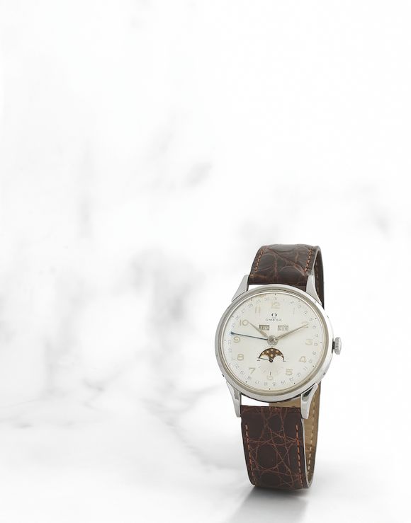 Bonhams : Omega. Montre bracelet en acier avec triple calendrier et ...