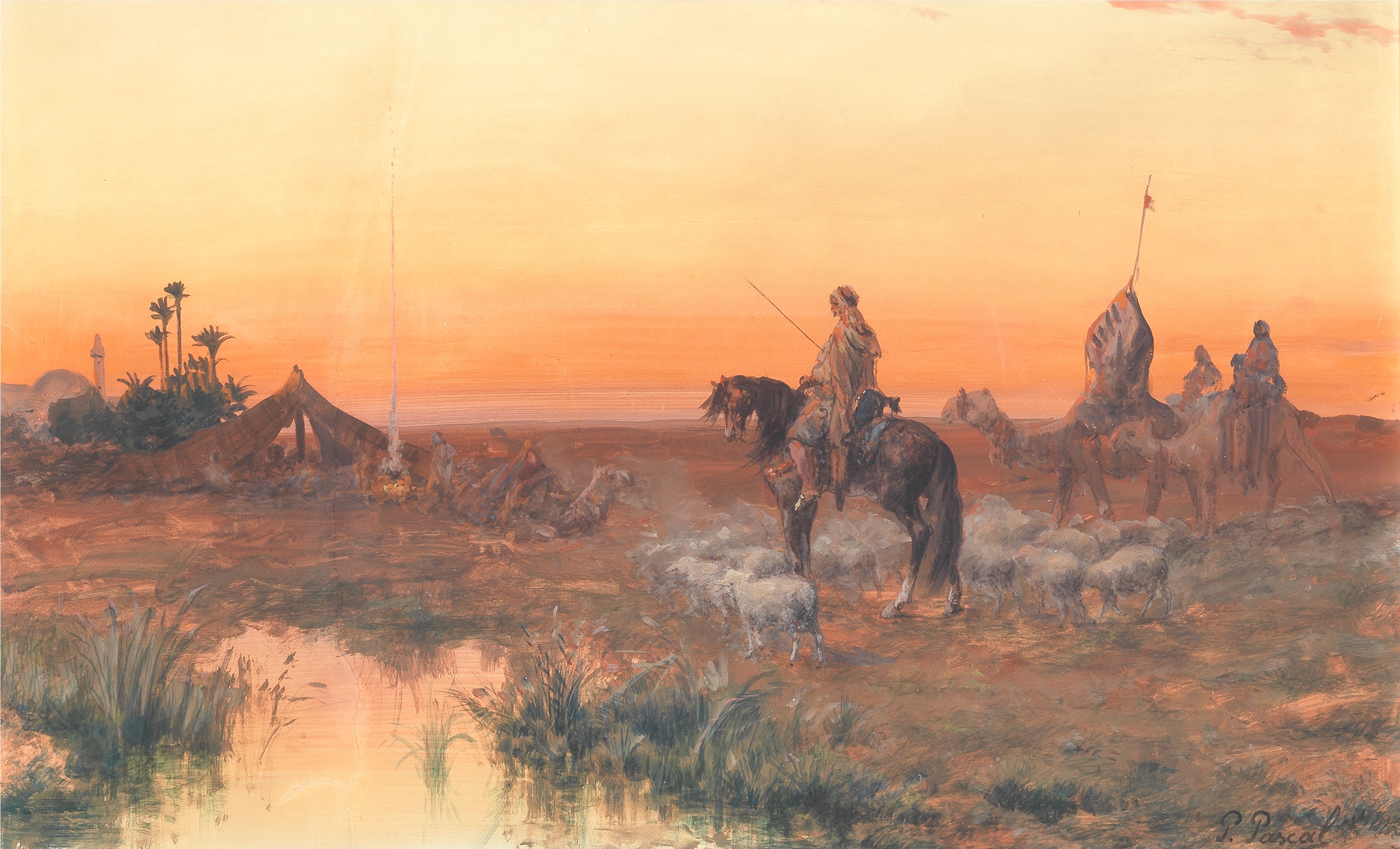 Bonhams : Paul Pascal (French, 1832-1903) Caravan by the oasis at sunset