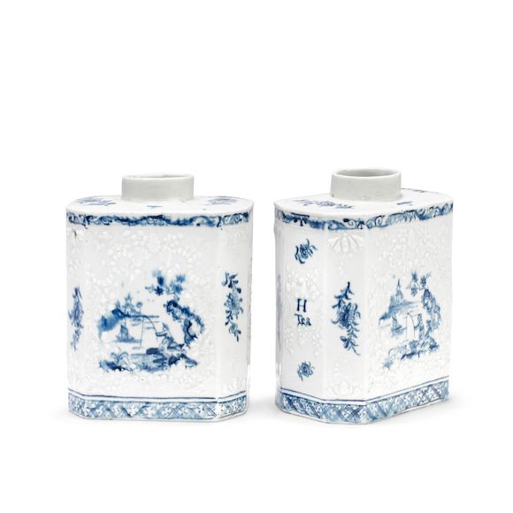 Bonhams : An important pair of Lowestoft tea canisters, circa 1763-65