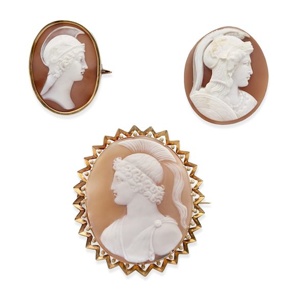 Bonhams : Two shell cameo brooches and one unmounted shell cameo, 19th ...